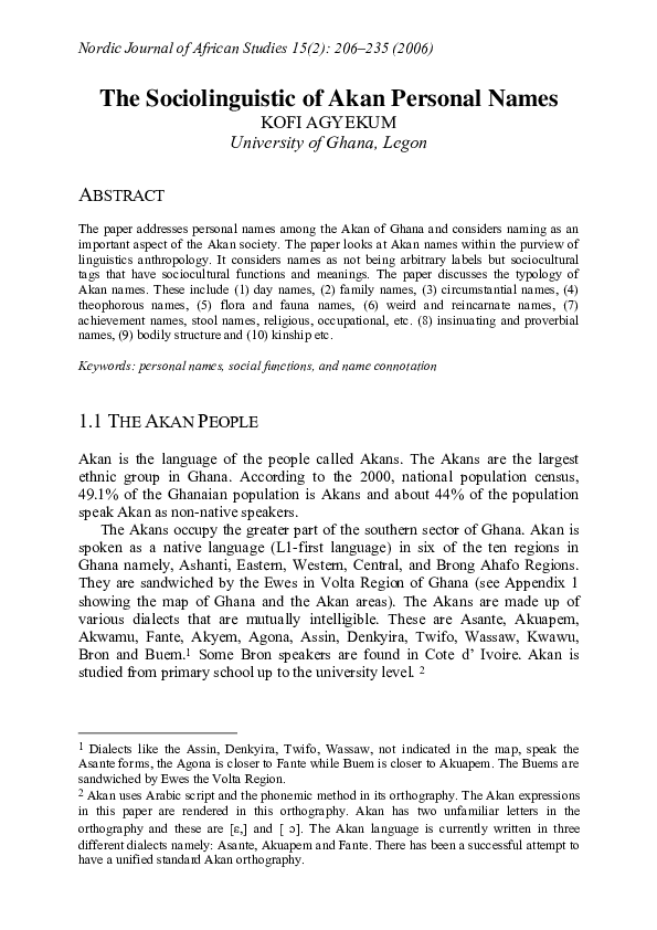 (PDF) The Sociolinguistic of Akan Personal Names