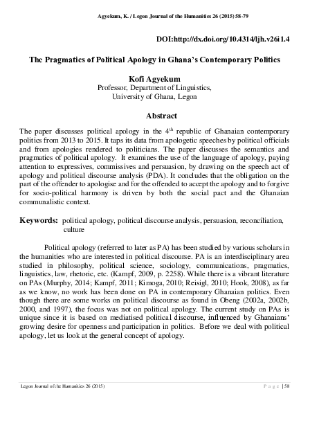 (PDF) The Pragmatics of Political Apology in Ghana’s Contemporary Politics