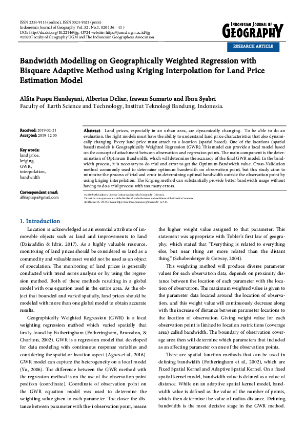 (PDF) Bandwidth Modelling on Geographically Weighted Regression with Bisquare Adaptive Method ...