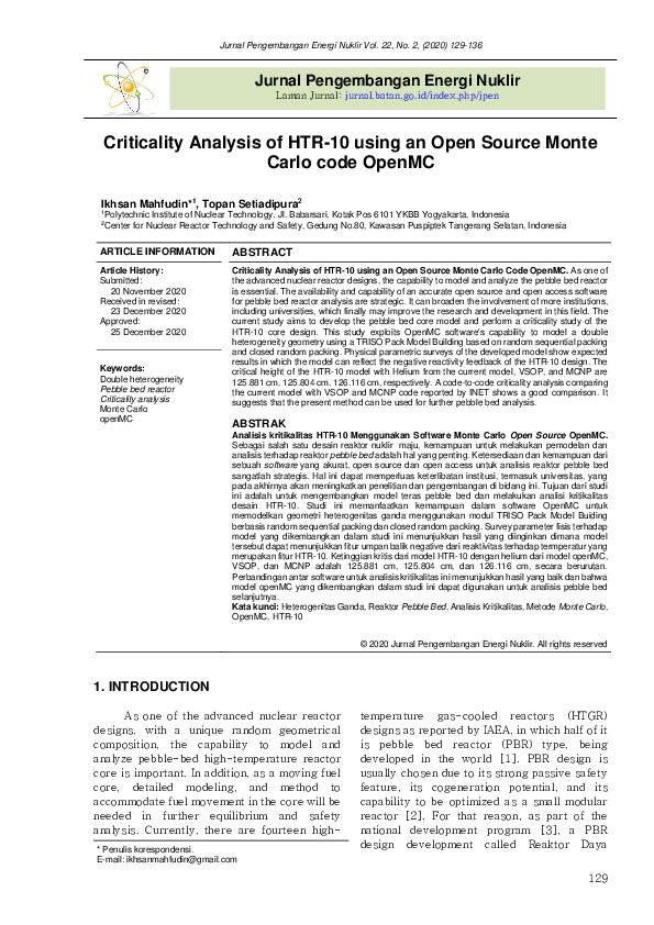 Pdf Criticality Analysis Of Htr 10 Using An Open Source Monte Carlo