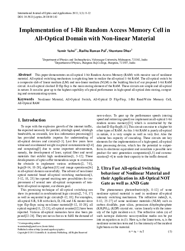 (PDF) Implementation of 1-Bit Random Access Memory Cell in All-Optical Domain with Non-linear ...