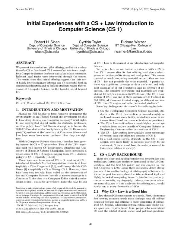 (PDF) Initial Experiences with a CS + Law Introduction to Computer ...