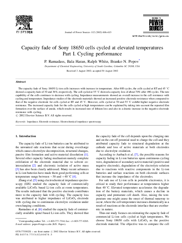(PDF) Capacity Fade of Sony 18650 Cells Cycled at Elevated Temperatures ...