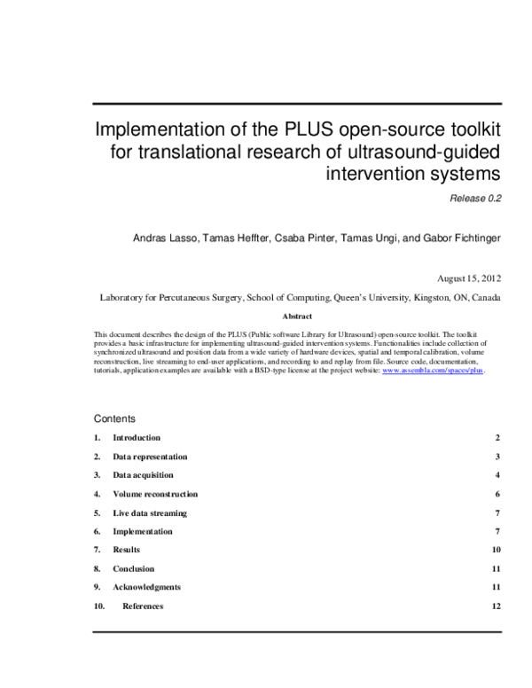Pdf Implementation Of The Plus Open Source Toolkit For Translational Research Of Ultrasound
