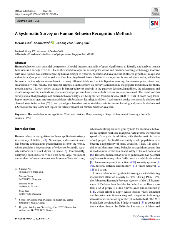 (PDF) A Systematic Survey on Human Behavior Recognition Methods