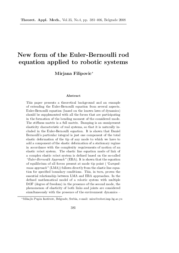 (PDF) New form of the Euler-Bernoulli rod equation applied to robotic systems