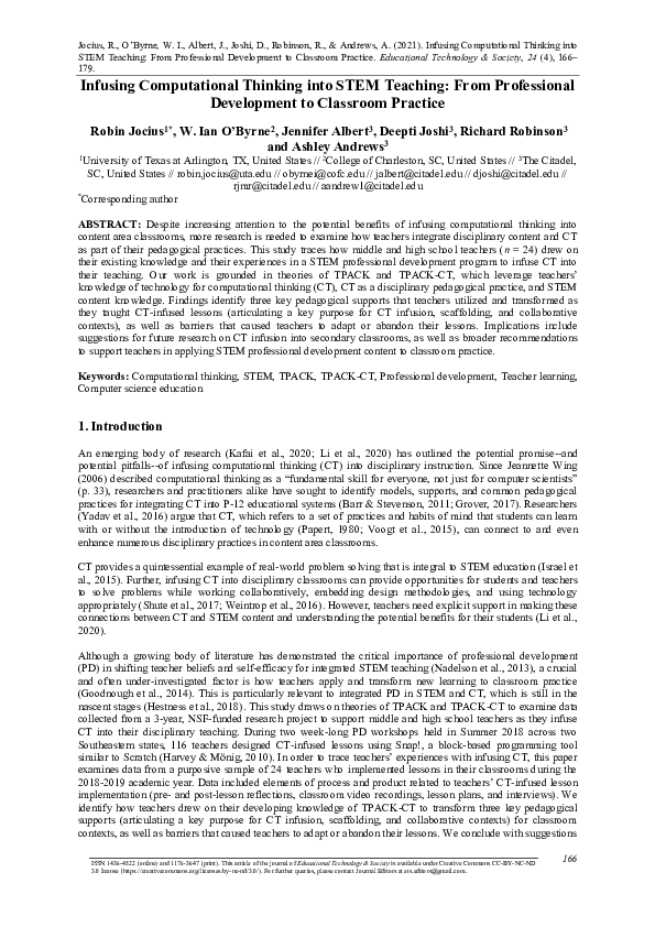 Pdf Infusing Computational Thinking Into Stem Teaching From Professional Development To