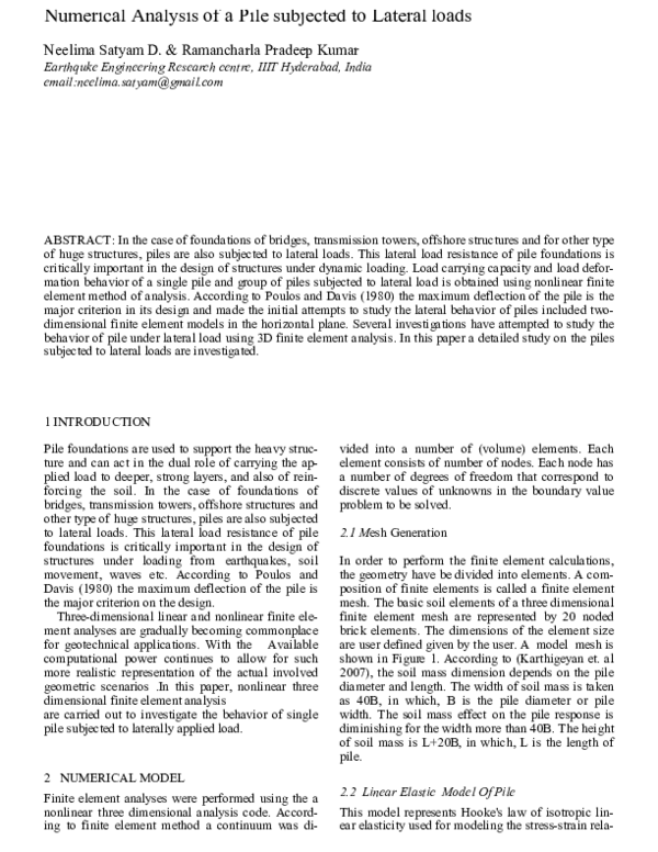 (PDF) Numerical analysis of a Pile Subjected to Lateral Loads
