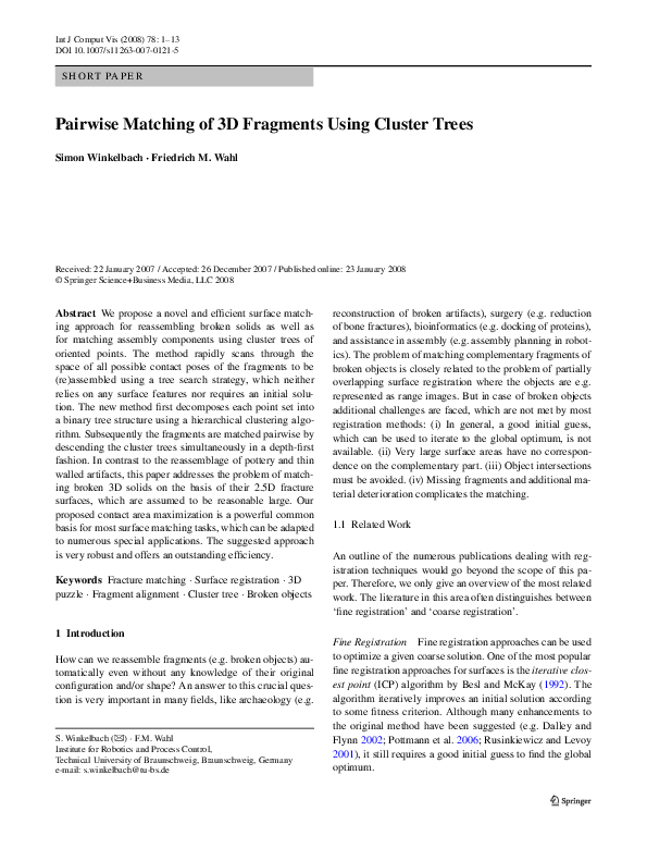 (PDF) Pairwise Matching of 3D Fragments Using Cluster Trees