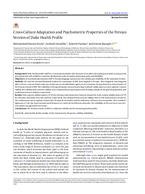 (PDF) Cross-Culture Adaptation and Psychometric Properties of the ...