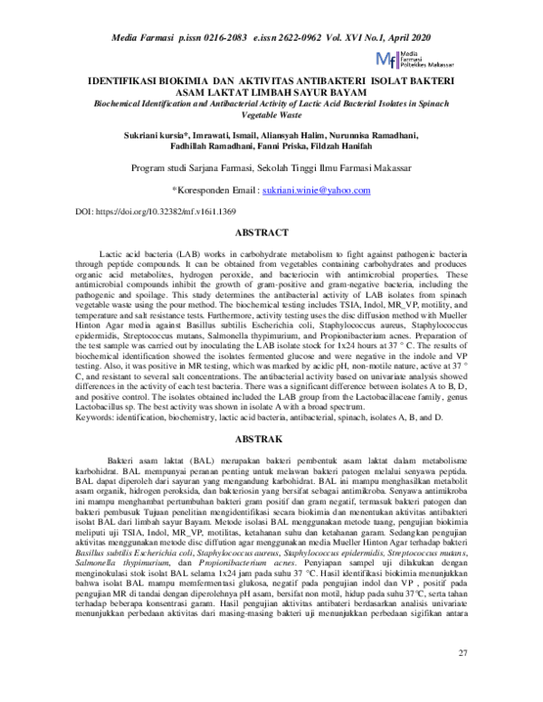 (PDF) Identifikasi Biokimia Dan Aktivitas Antibakteri Isolat Bakteri Asam Laktat Limbah Sayur ...