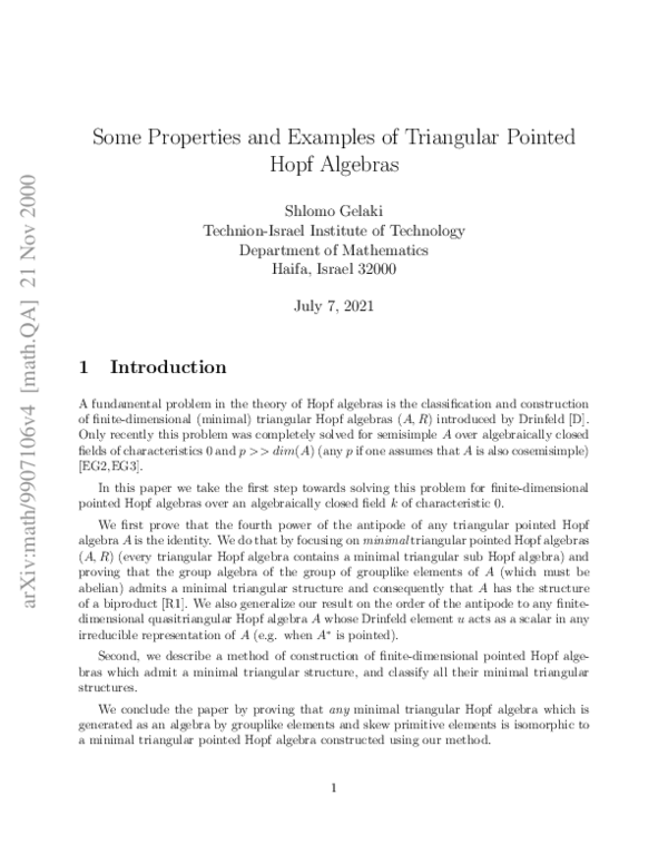 (PDF) Some Properties and Examples of Triangular Pointed Hopf Algebras