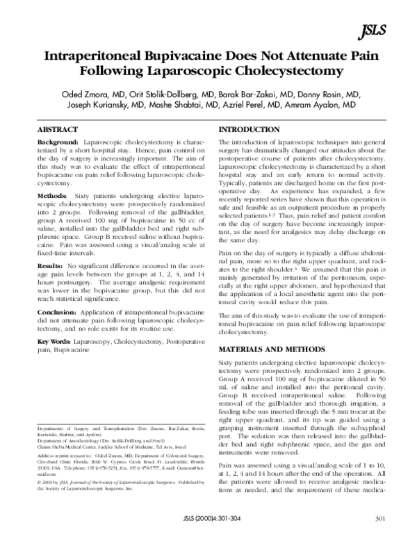(PDF) Intraperitoneal bupivacaine does not attenuate pain following laparoscopic cholecystectomy