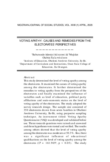 (PDF) VOTING APATHY: CAUSES AND REMEDIES FROM THE ELECTORATES' PERSPECTIVES