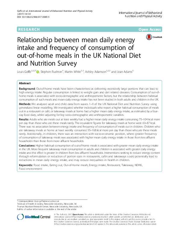Pdf Out Of Home Meals And Daily Energy Intake In Uk