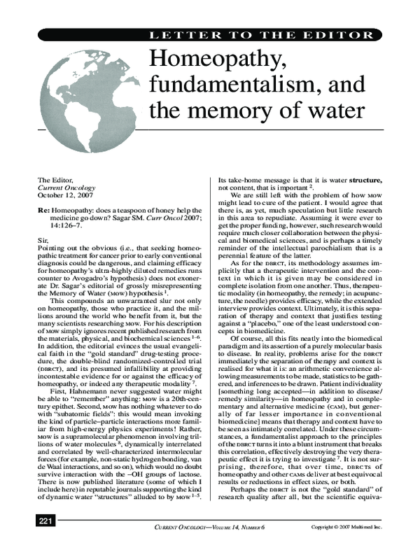 (PDF) Homeopathy, fundamentalism, and the memory of water