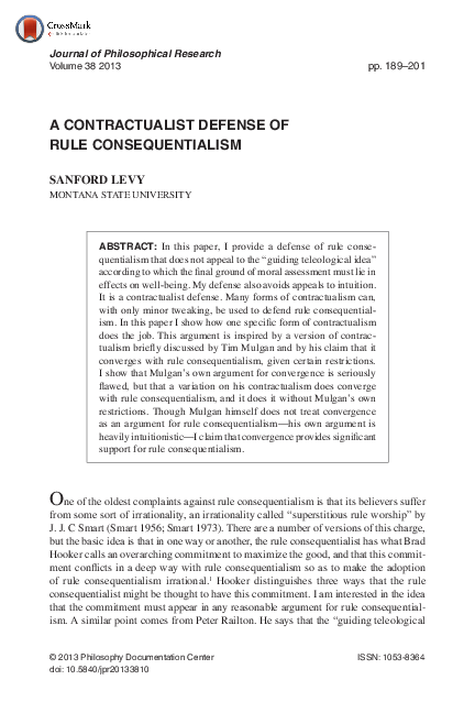 (PDF) A Contractualist Defense of Rule Consequentialism | Sanford Levy ...