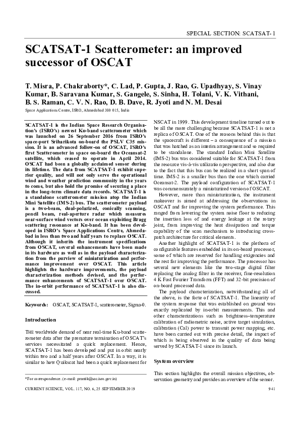 (PDF) SCATSAT-1 Scatterometer:An Improved Successor of OSCAT