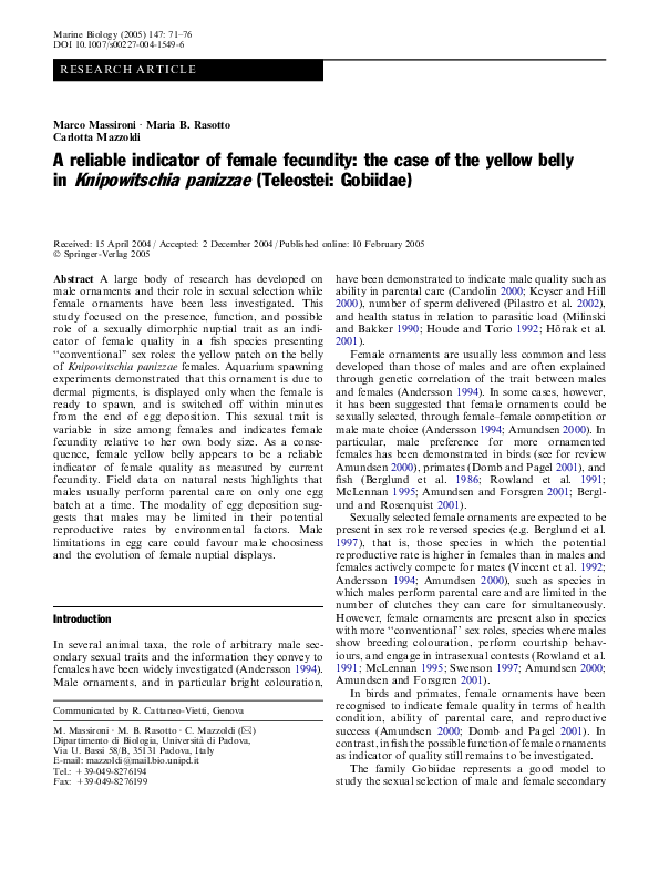 (PDF) A reliable indicator of female fecundity: the case of the yellow ...