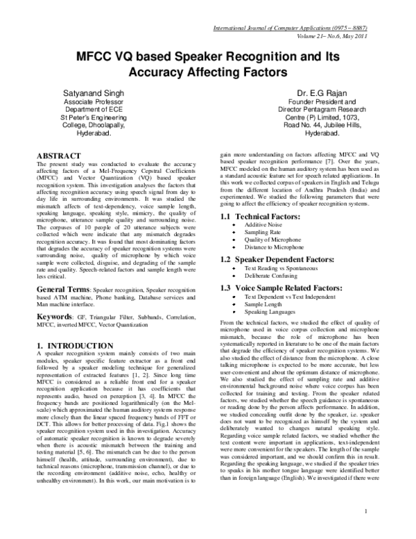 Pdf Mfcc Vq Based Speaker Recognition And Its Accuracy Affecting Factors