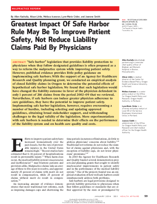 (PDF) Greatest Impact Of Safe Harbor Rule May Be To Improve Patient ...