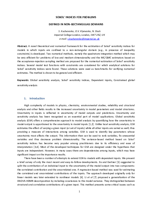 (PDF) Estimating Sobol' Indices in Non-Rectangular Domains