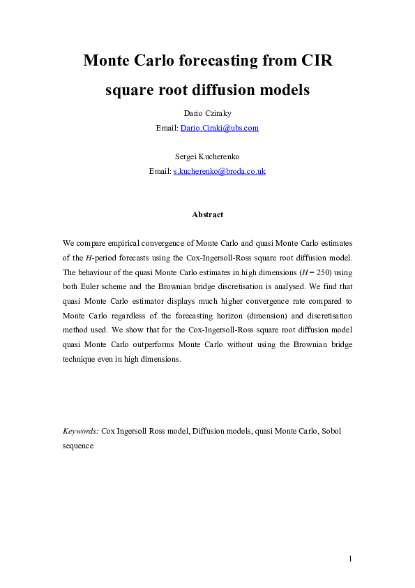 (PDF) Monte Carlo forecasting from CIR square root diffusion models
