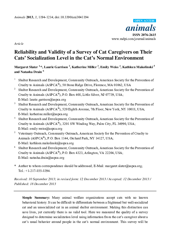 (PDF) Reliability and Validity of a Survey of Cat Caregivers on Their ...