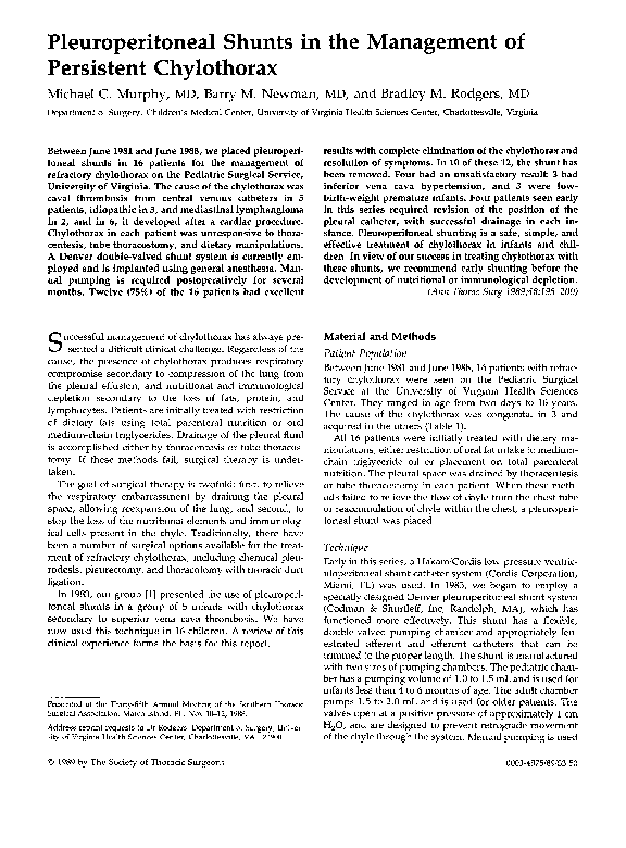 (PDF) Pleuroperitoneal shunts in the management of persistent chylothorax