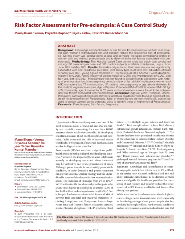 (PDF) Risk Factor Assessment for Preeclampsia: A Case Control Study