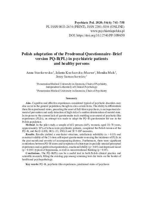 (PDF) Polish validation of the Prodromal Questionnaire, Brief Version ...