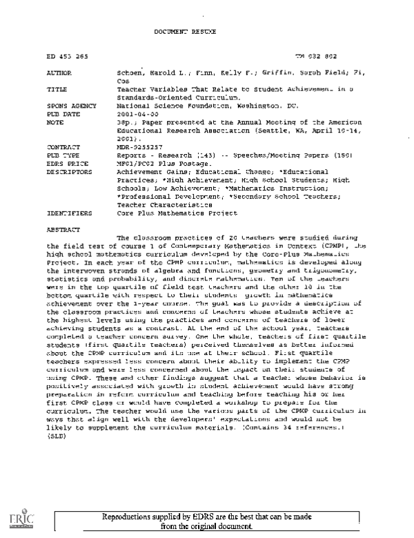 (PDF) Teacher Variables That Relate to Student Achievement in a ...