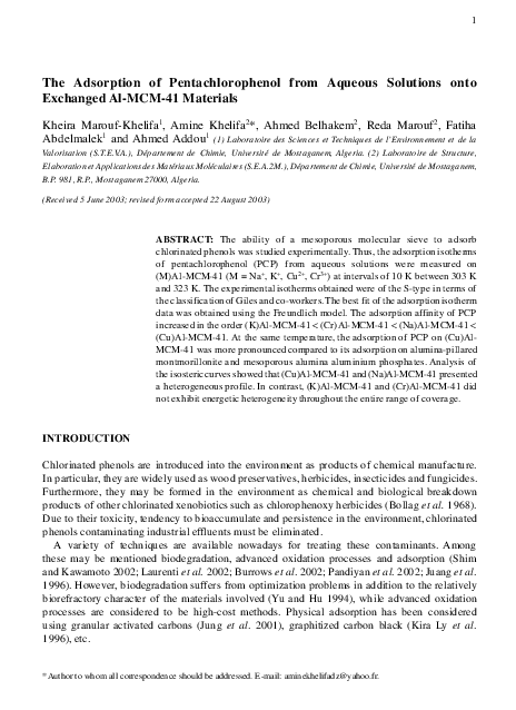 (PDF) The Adsorption of Pentachlorophenol from Aqueous Solutions onto ...