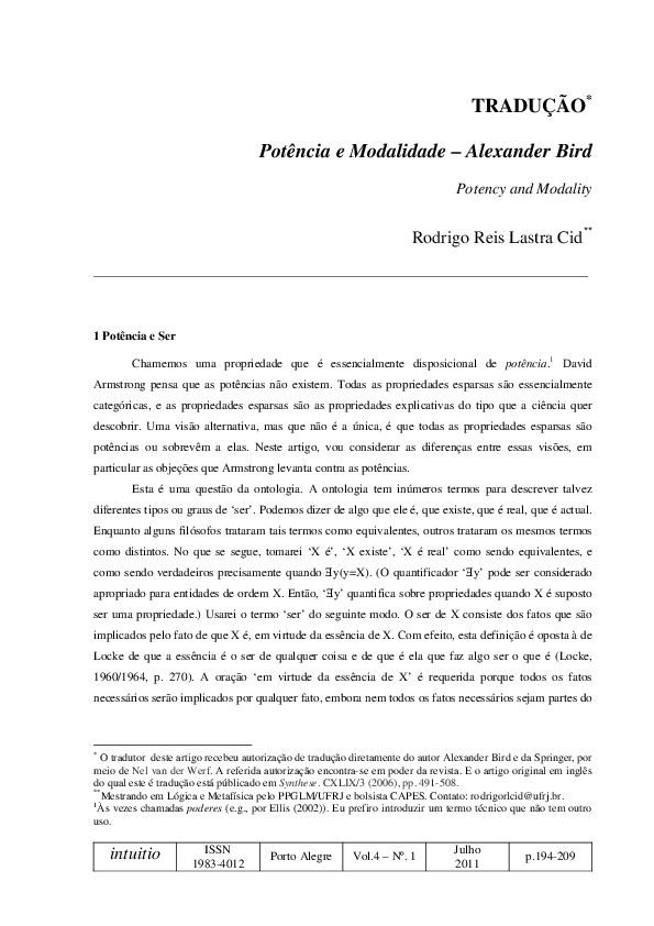 (PDF) BIRD, Alexander. “Potency and Modality”. Synthese: vol. 149, pp ...