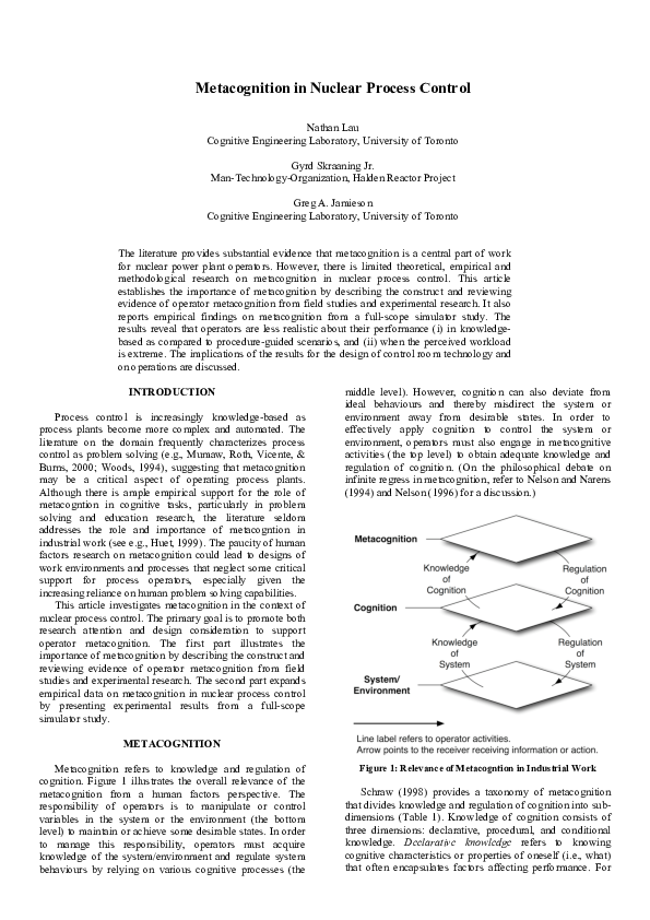 (PDF) Metacognition in Nuclear Process Control