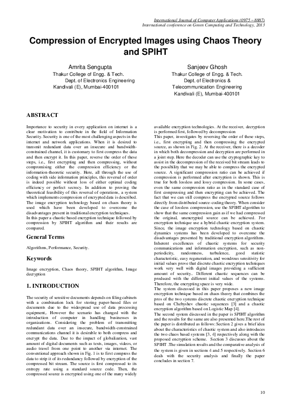 (PDF) Compression of Encrypted Images using Chaos Theory and SPIHT
