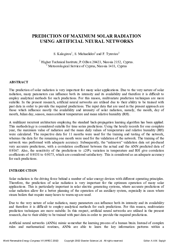 Pdf Prediction Of Maximum Solar Radiation Using Artificial Neural