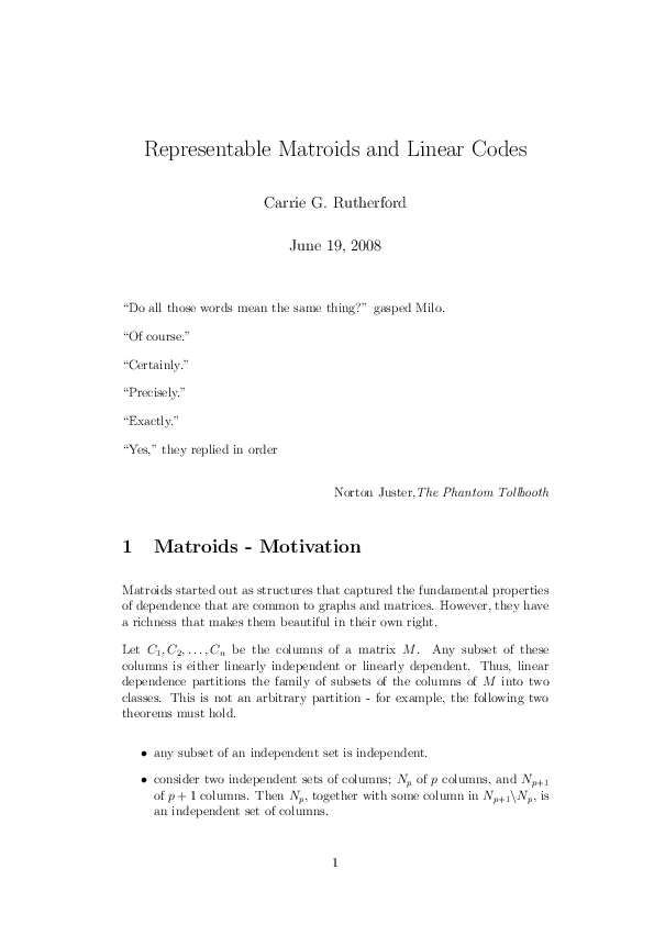 (PDF) Representable Matroids and Linear Codes