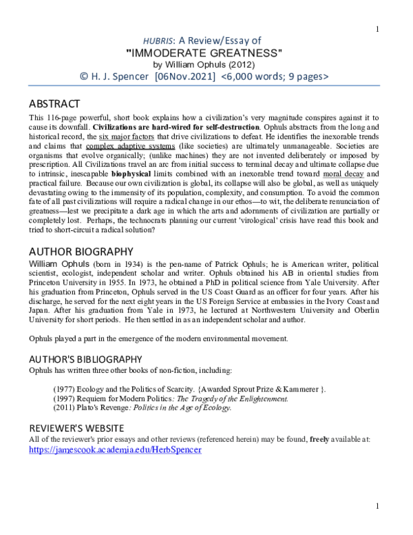 (PDF) HUBRIS: A Review/Essay of "IMMODERATE GREATNESS" by William ...