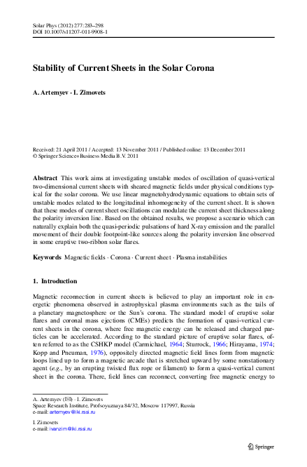 (PDF) Stability of Current Sheets in the Solar Corona