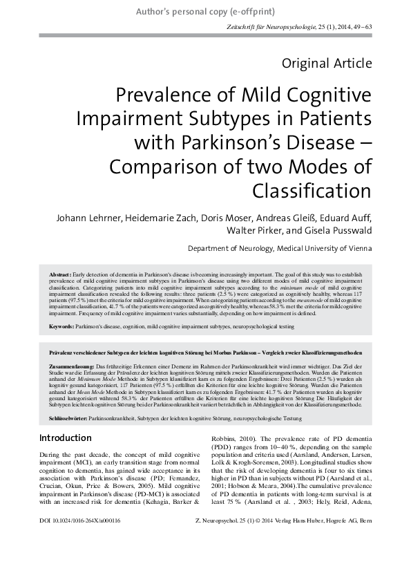 (PDF) Prevalence of Mild Cognitive Impairment Subtypes in Patients with ...
