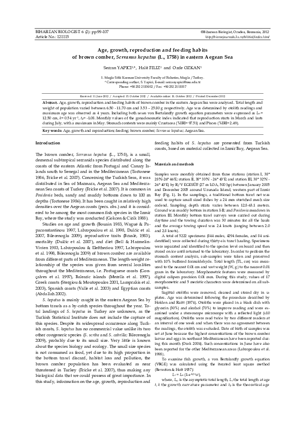 (PDF) Age, growth, reproduction and feeding habits of brown comber ...