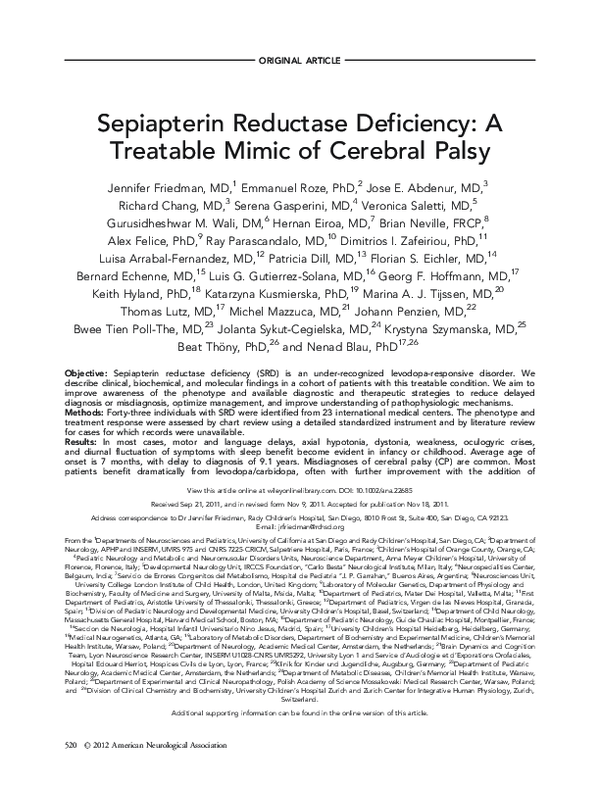 (PDF) Sepiapterin reductase deficiency: A Treatable Mimic of Cerebral Palsy