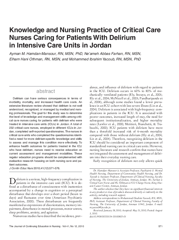 (PDF) Knowledge and Nursing Practice of Critical Care Nurses Caring for ...