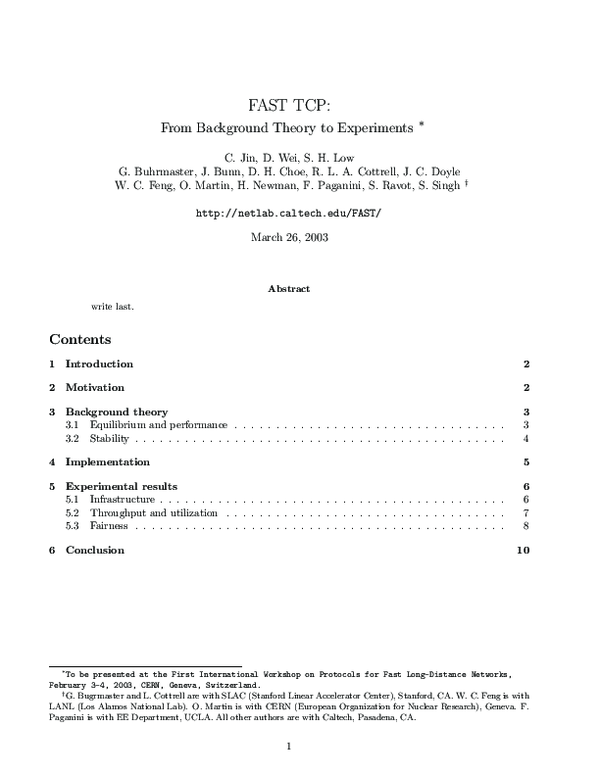 (PDF) FAST TCP: From Background Theory to Experiments