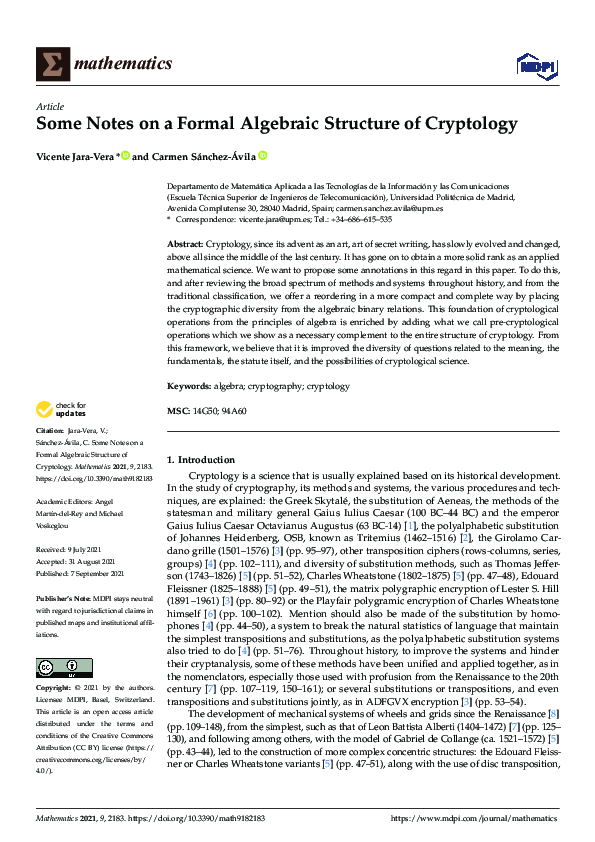 (PDF) Some Notes on a Formal Algebraic Structure of Cryptology