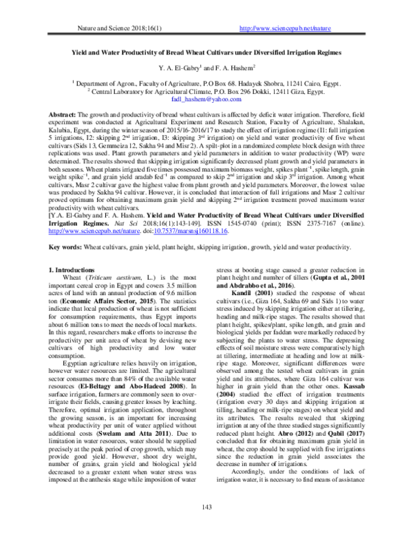 (PDF) Yield and Water Productivity of Bread Wheat Cultivars under Diversified Irrigation Regimes