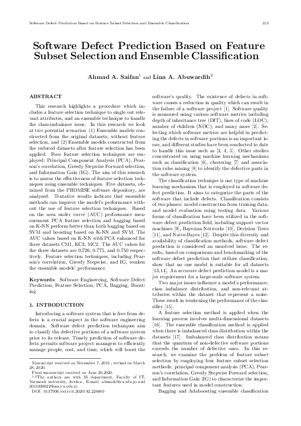 Pdf Software Defect Prediction Based On Feature Subset Selection And Ensemble Classification
