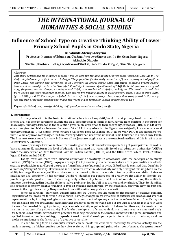 (PDF) Influence of School Type on Creative Thinking Ability of Lower ...