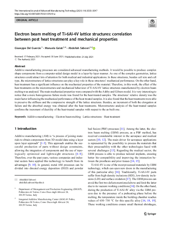 (PDF) Electron beam melting of Ti-6Al-4V lattice structures: correlation between post heat ...